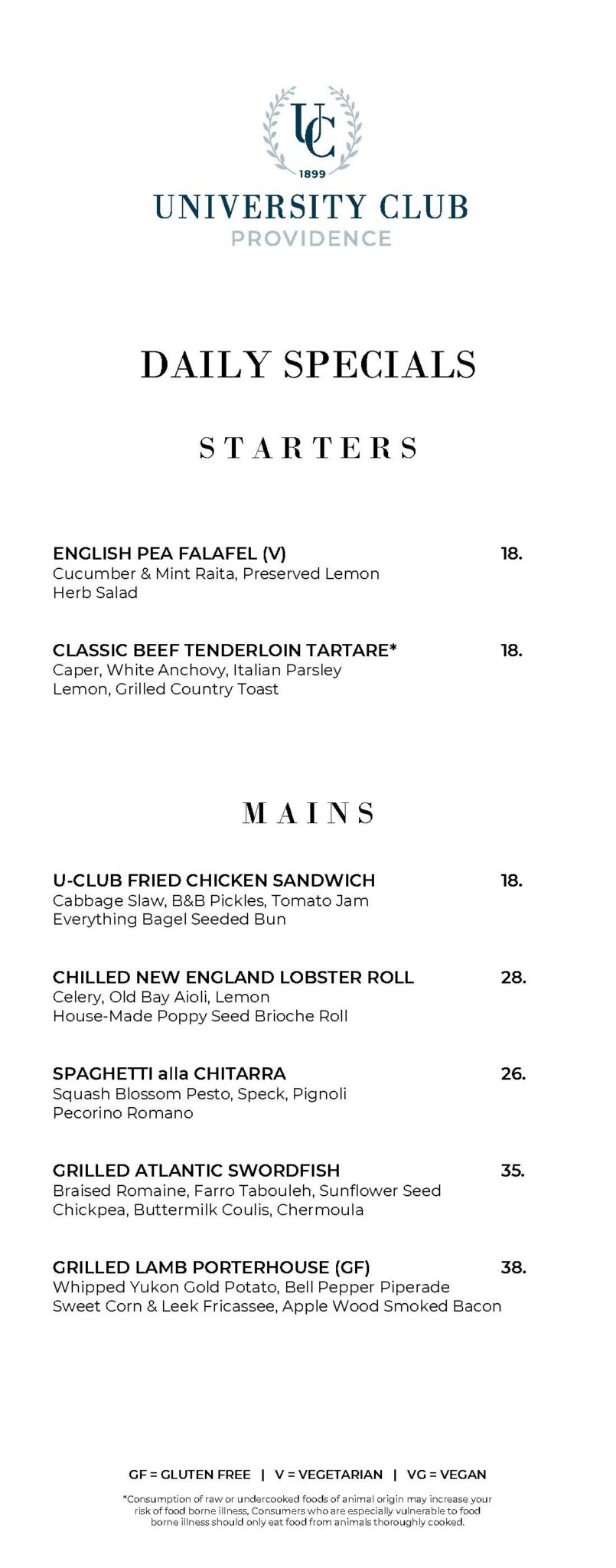 Menus – The University Club